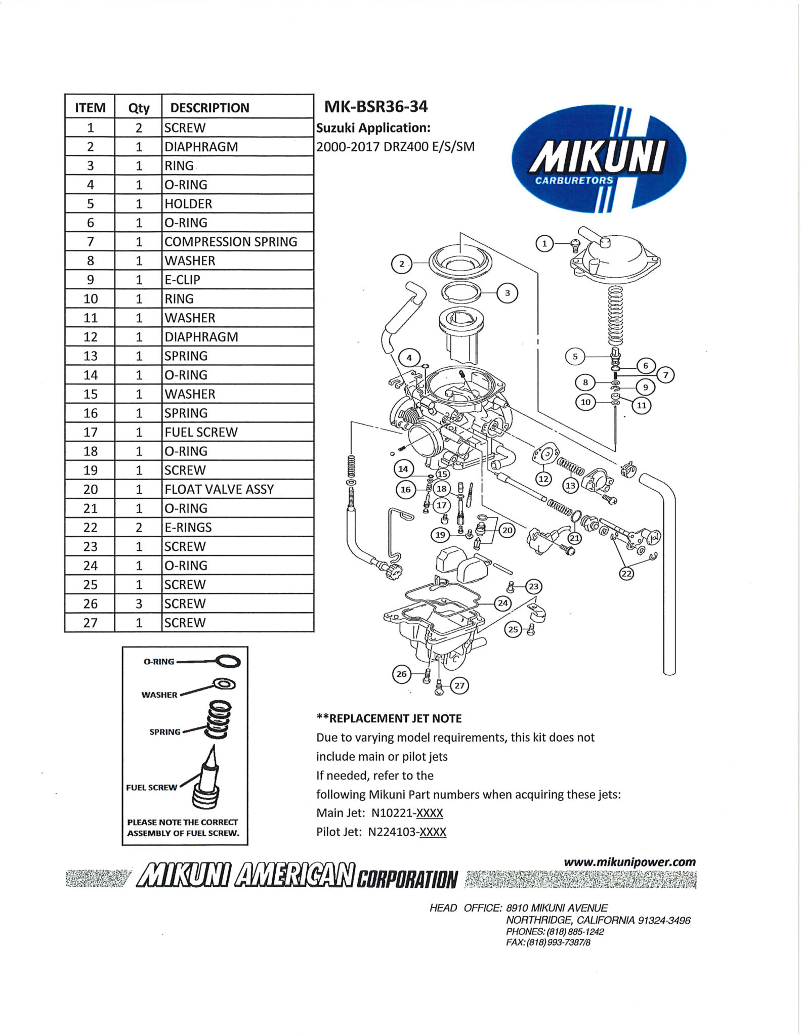 New Mikuni carburetor repair kit for MK-BSR36-34 Suzuki DRZ 400 2000 ...